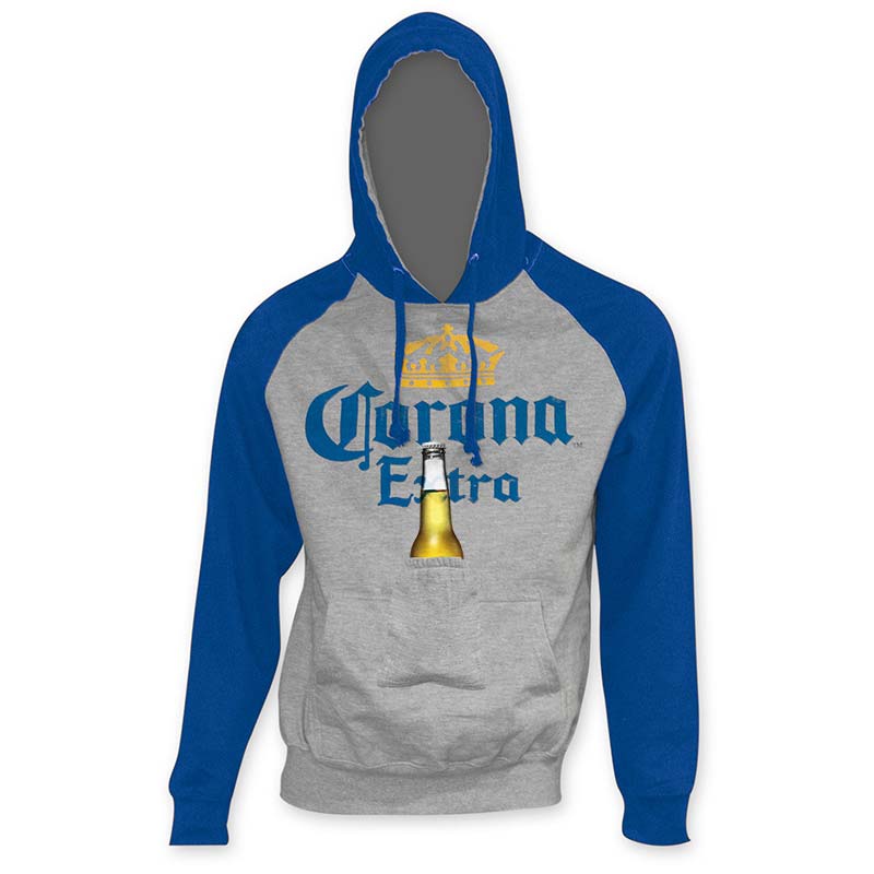 Corona Extra Men's Grey And Blue Beer Pouch Hoodie